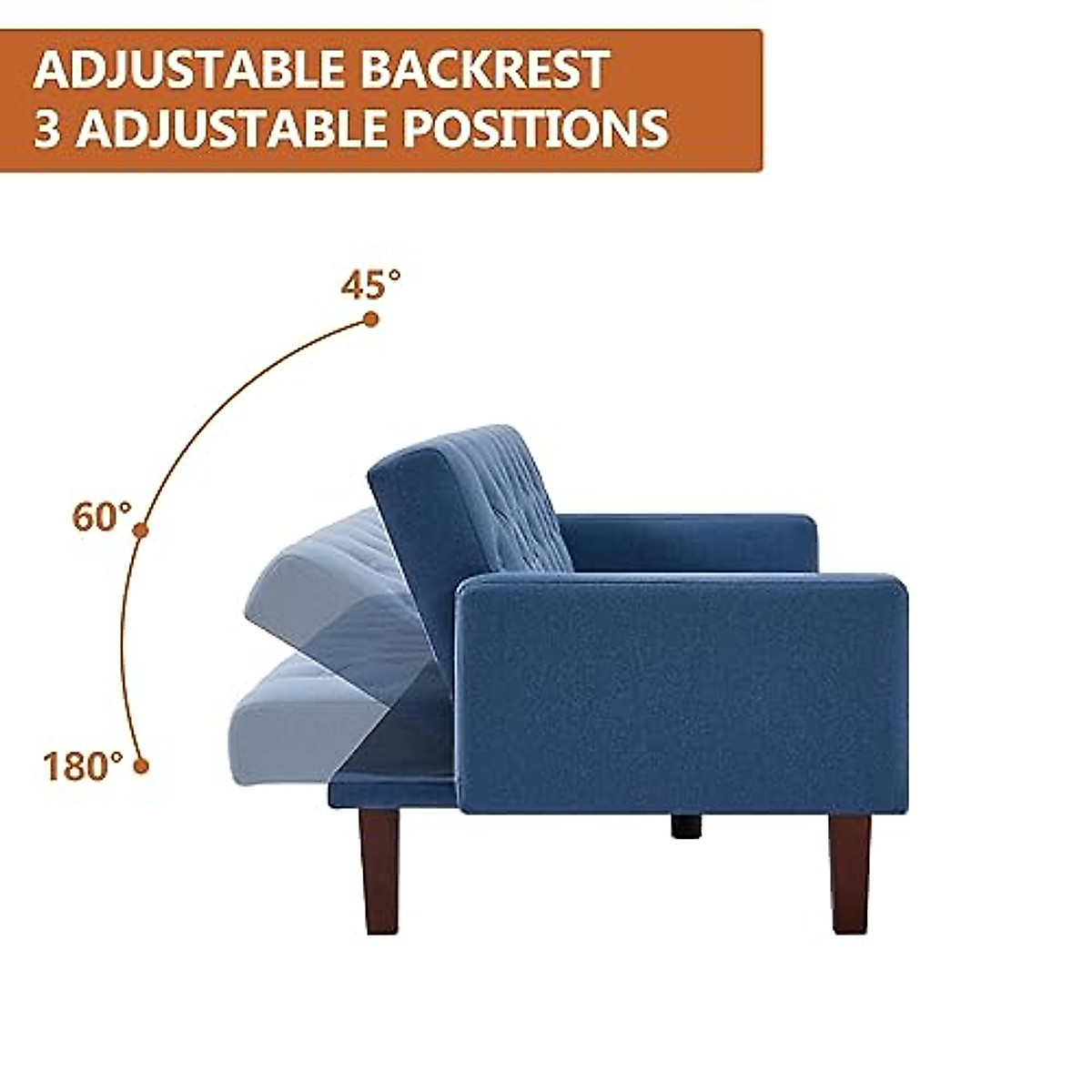 Fangflower Blue Tufted Back Sofa Bed Mid-Century Convertible Sleeper Futon with Tapered Wood Legs for Living Room Apartment Lounge