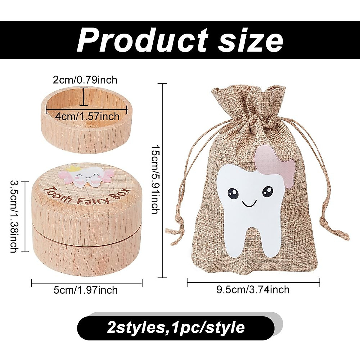 GOMAKERER 1 Set Tooth Fairy Box, Wooden Tooth Storage Box, Cute Tooth Keepsake Storage Box with Burlap Packing Pouches, First Lost Deciduous Teeth Collection for Gift