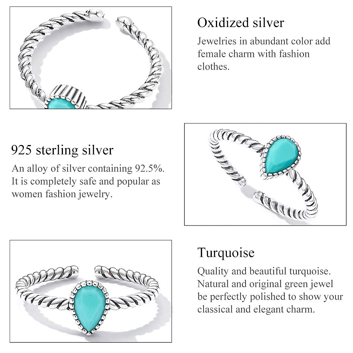 Shysnow Turquoise Ring for Women Vintage Adjustable Green Twisted Rope Rings Sterling Silver 925 Open Blue Oval Cut Turquoise Western Statement Ring Boho Jewelry