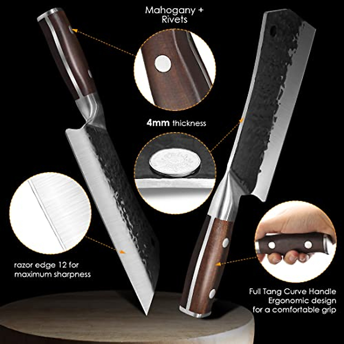 Full Tang 8 Inch Butcher Knife - Professional Hand Forged Heavy Duty Kitchen Chef Knife Meat Cleaver - German High Carbon Stainless Steel Kitchen Chef Knives for Home & Restaurant,Best Gifts