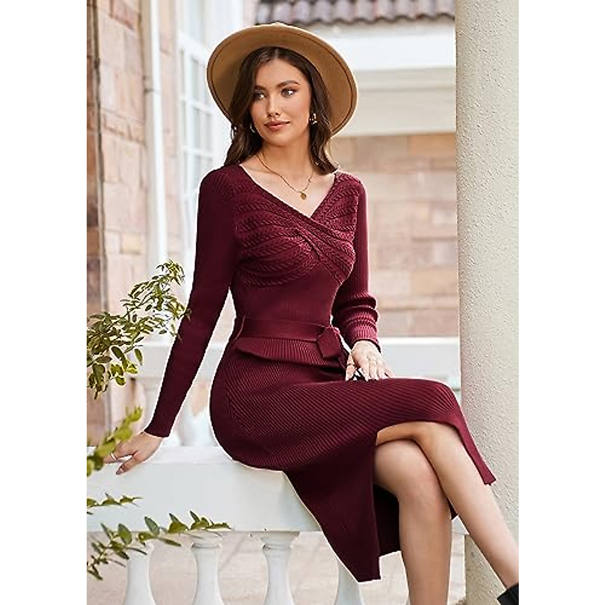 GRACE KARIN Women's V Neck Cable Knit Fall Sweater Dress Long Sleeve Tie Waist Bodycon Slit Pullover Midi Dress with Belt Wine L