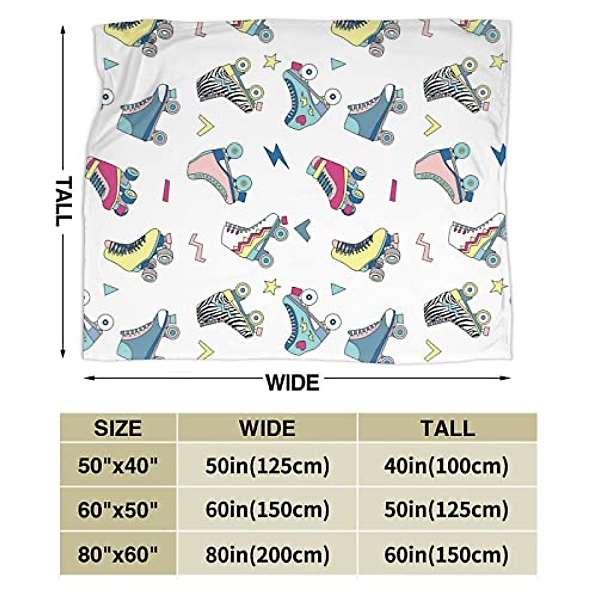 80s 90s Roller Skate Throw Blankets Super Soft Fuzzy Fleece Blanket Warm and Cozy Throw Decorative for Bed Couch Living Room Travel 50"X40"