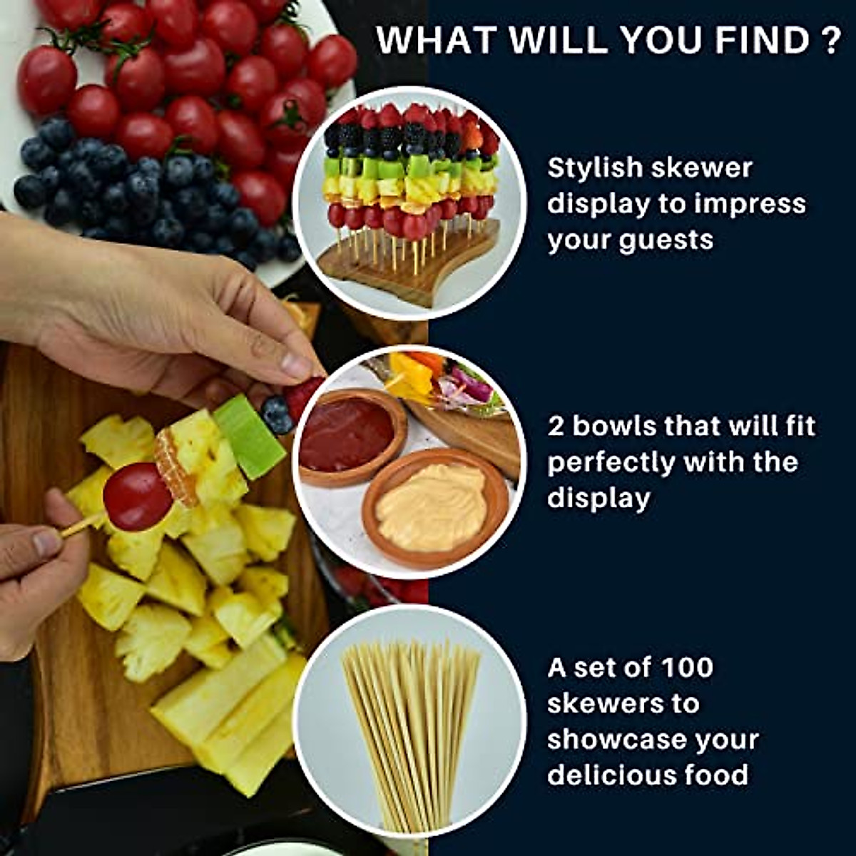 Skewer Holder – Chic Food Display Stands for Party – Ash Wood Pick Board for Parties, Events, BBQs - Food Skewers Board with 2 Ash Bowls and 100pcs Skewers – 11.4 x 7.5 x 0.8-inch