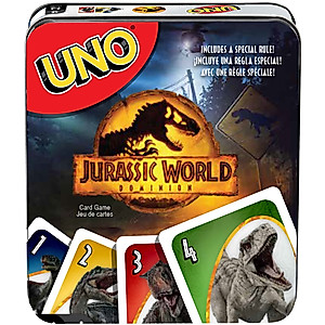 Mattel Games UNO Jurassic World Dominion Card Game, Movie-Inspired Deck with Dinosaur Graphics in Collectible Storage & Travel Tin for Kids, Fans, Adults & Family Nights
