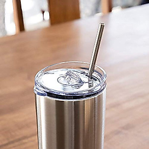 STRATA CUPS Skinny Tumblers with Lids and Straws (4 Pack) - 20 oz Double Wall Insulated Slim Stainless Steel Silver Tumblers with Straw Cleaner | Reusable Travel Mug for Hot and Cold Beverages