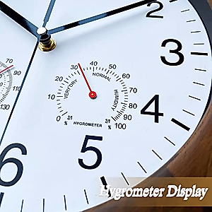 Reynoe Wooden Wall Clock with Temperature and Humidity, 12 Inch Brown, Large Numbers for Room Decor