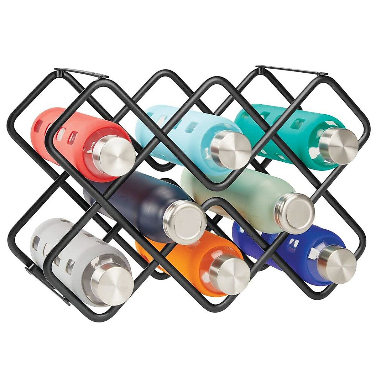 mDesign Metal Free-Standing Wine Rack Storage Organizer for Kitchen Countertops, Pantry, Fridge - Stores Wine, Beer, Pop/Soda, Water Bottles - 3 Levels, Holds 8 Bottles - Black