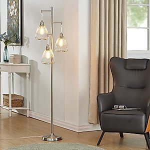 Floor Lamp, Industrial Rustic Standing Lamp with 3 Elegant Teardrop Cage Shade, Modern Tall Floor Lamps for Living Room with 3 Edison Bulbs, Minimalist Pole Floor Light for Home Office - Chrome