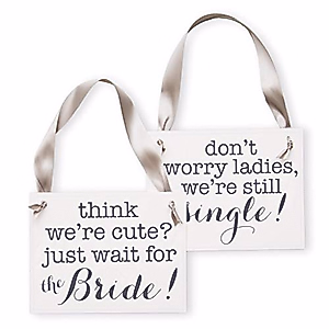 2 Ring Bearer Wedding Signs Slate Ink & Gray Ribbon | Flower Girl Ceremony Banner Classic (We're Still Single + Think We're Cute Wait for the Bride)