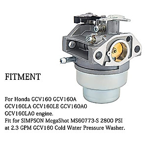 GCV160 Carburetor for Honda 160LAO GCV160LA GCV160A GCV160LE Engine HRT216 HRZ216 HRB216 HRR216 HRS216 Lawn Mower, GCV160 Carb Fit for GCV160 Cold Water Pressure Washer Replace 16100-ZMO-804