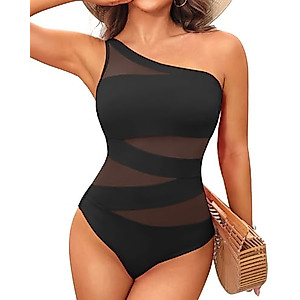 Tempt Me Black Women One Piece Swimsuit One Shoulder Bathing Suits Cutout Mesh Swimwear XL