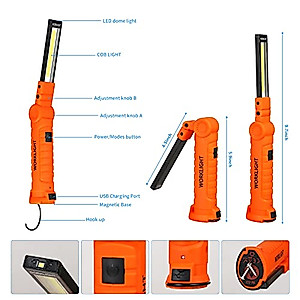 Suranew LED Worklight Flashlight, COB Rechargeable Work Lights with Magnetic Base 360 Degree Rotate and 5 Modes Portable Flood Light Inspection Construction Light for Car Repair (Orange, 2 Pack)