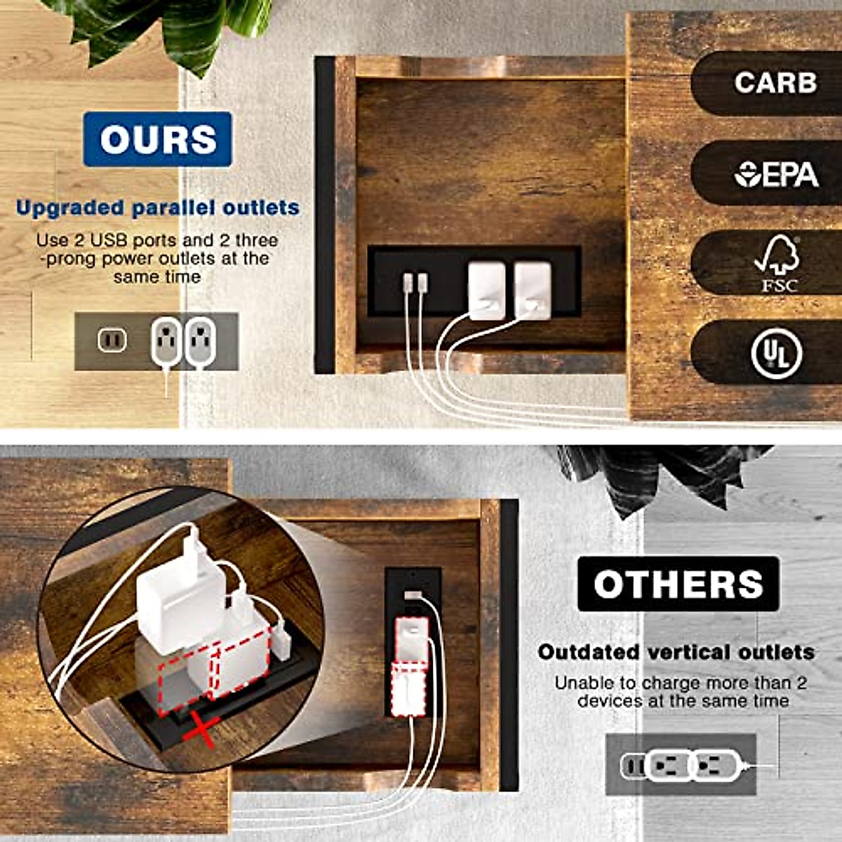 SAUCE ZHAN Sofa Side Table with USB Ports and Outlets, Narrow End Table with Storage Shelf for Small Spaces Bedside Nightstand with Charging Station for Living Room, Bedroom, Brown