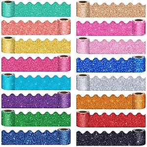 Qeeenar 16 Rolls 263 ft Glitter Bulletin Board Borders Scalloped Border Trim Colorful Bulletin Board Strips Shiny Classroom Decoration Strips Decorative Poster Borders for School Decor (Cute Color)