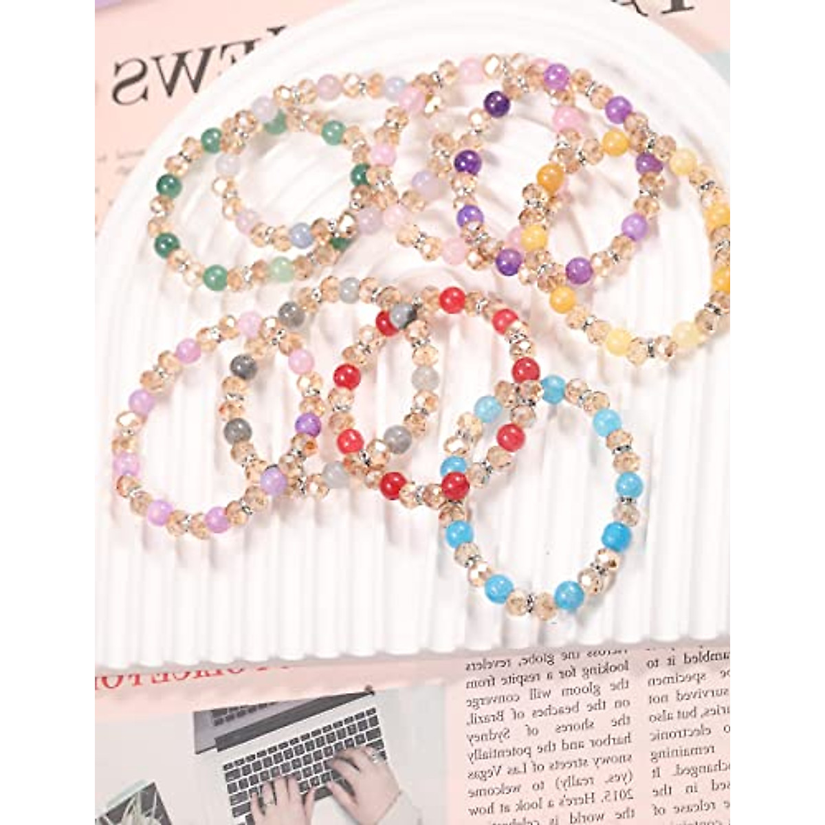 PIPITREE 16PCS Crystal Bracelet Beaded Bracelets for Women, Colorful Stackable Stretch Beads Bracelets Healing Crystals Rhinestone Spacers Anxiety Relief Gifts for Women