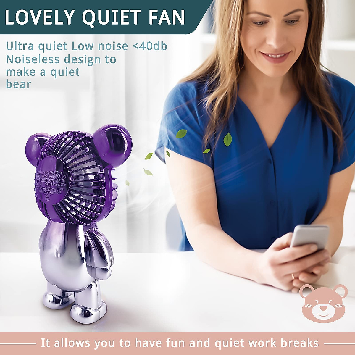 TUNISE USB Desk Fan, Colorful Bear Design Fan, Portable Desktop Fan, Rechargeable Battery Powered Fan, Three Adjustable Air Speeds, USB Connection Charging, Perfect for Office Home Outdoor Travel