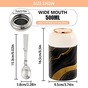 Marble Blue Black Gold Kids Womens Insulated Food Jar Container with Spoon 17oz/500ml Food Containers For Hot Stainless Steel Vacuum Leak Proof Food Containers for Keeps Food Hot