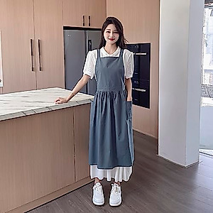 TALIBSA Pinafore Apron Dress，Japanese Cotton Linen Cross Back Apron for Women with Pockets，Pinafore Dress with Waist Ties (Turquoise Blue)