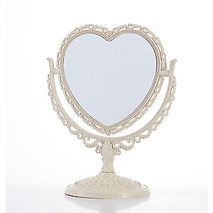 JDPEYI-Heart Shaped Mirror - Coquette Room Decor for Desk & Vanity -Double-Sided Rotatable Cute Magnifying Mirror with Stand (Beige)