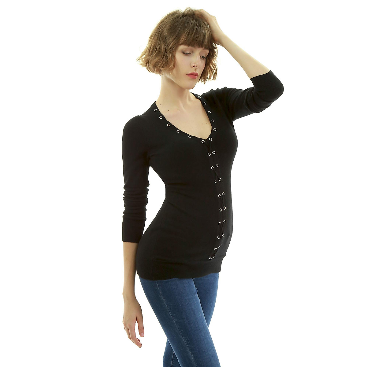 AmélieBoutik Women V Neck Eyelet Trim Long Sleeve Sweater (Black Medium)