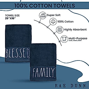Rae Dunn Hand Towels, Embroidered Decorative Hand Towel for Kitchen and Bathroom, 100% Cotton, Highly Absorbent, Two Pack, 16x28, Embroidered Navy