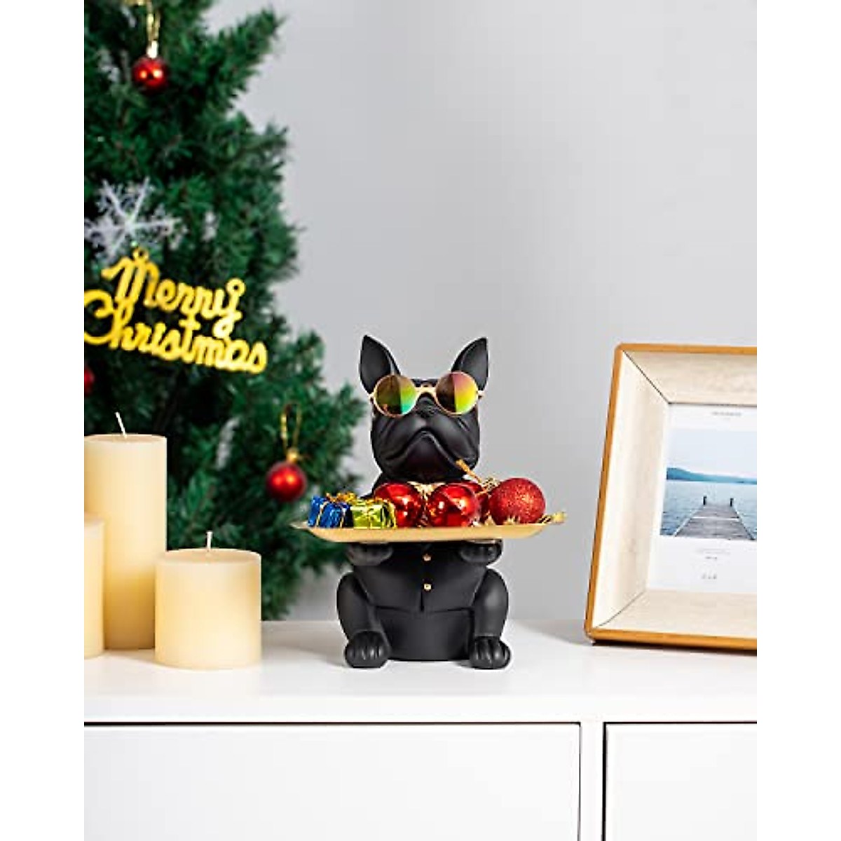 Bwytbwy French Bulldog Statue,Resin Bulldog Key Tray for Entryway Decor, Key Holder Organizer for Entryway Table, French Bulldog Gifts Black