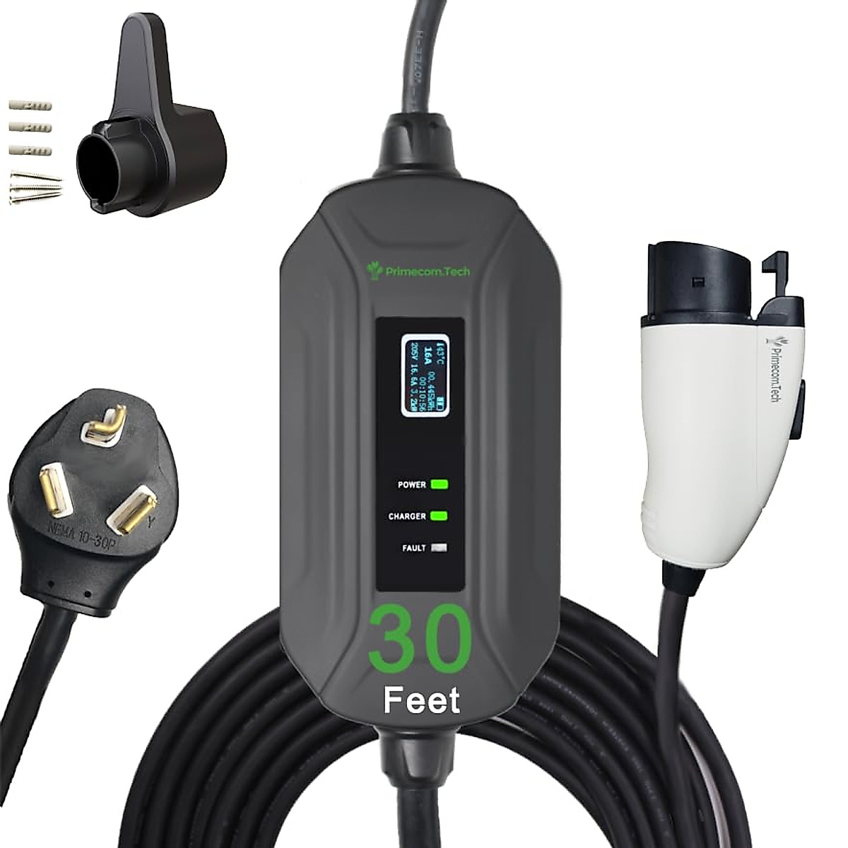 PRIMECOM Level 2 EV Charger 220/240V, 16A, 30ft & 50ft, Portable EVSE Electric Vehicle Charging Cable Compatible with Bolt Volt Leaf BMW i3 Fiat 500e Clarity NIRO Prius (10-30P, 30 Feet)