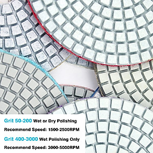 Diamond Polishing Pads 5 Inch with 5/8’’-11 Hook & Loop Backing Pads, 10pcs Wet/Dry Concrete Polish Tools Kit for Drill, Grinder, Polisher, 50-3000 Grit Polishing Set for Marble Granite Quartz Stone