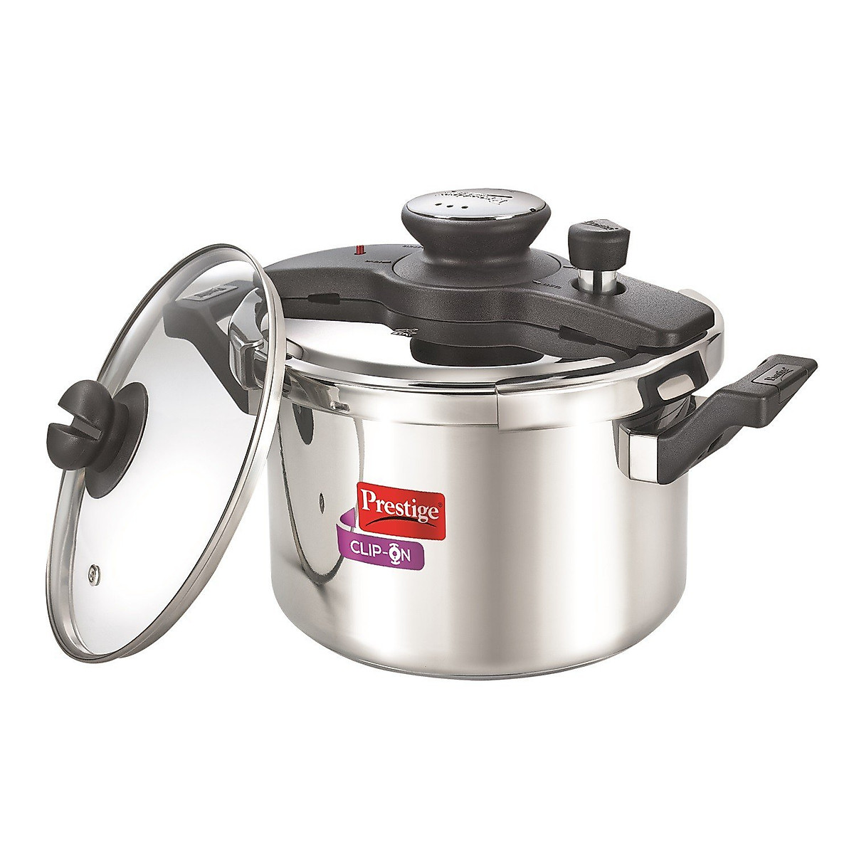 Prestige Clip-on Stainless Steel Pressure Cooker, Cook And Serve Pot with Extra Glass Lid, Large 6 Liters