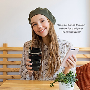 Habitree Coffee Mug- Ideal for Photographers&Travelers - 2 Lids,Cup Holder,Silicone Straw- Stainless Steel Lens Mug Thermos- Christmas gifts- Gifts for him,Portable Cup