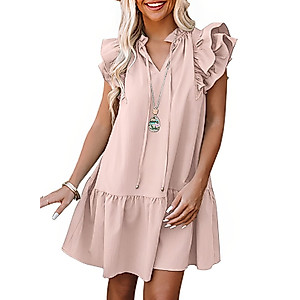 Dokotoo Spring Summer Dresses for Women 2025 Casual Sleeveless V-Neck Ruffle Pockets Lightweight Swing Tunic Dress Solid Color Mini Ladies Dresses Sun Dresses Vacation Holiday Sundress Pink Large