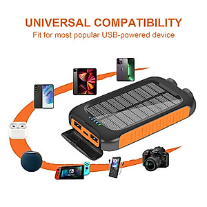 Luvknit Power-Bank-Solar-Charger - 10000mAh Power Bank, Portable Charger, External Battery Pack 5V/3A Type C Input Output Dual Built-in Super Bright Flashlight, Carabiner, Solar Panel Charging