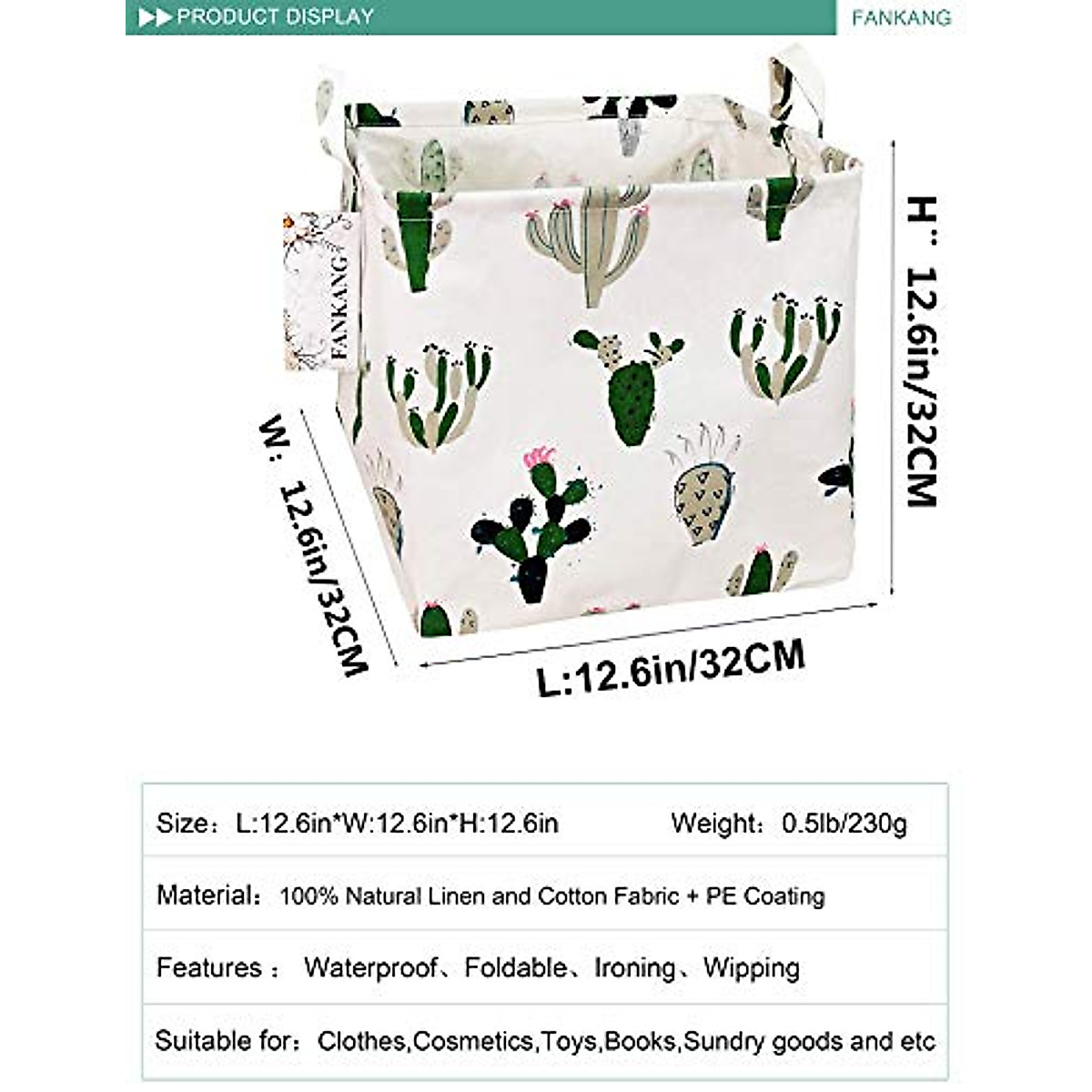 FANKANG Storage Bins Nursery Hamper Canvas Laundry Basket Foldable with Waterproof PE Coating Large Storage Baskets Gift Baskets for Kids Boys and Girls, Office, Bedroom, Clothes,Toys (Cactus)