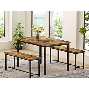 Hooseng Kitchen Table Set with Two Benches, Dining Table Set for 4-6 Persons, Space-Saving 47 Inch Small Kitchen Table Set for Breakfast Nook, Living Room, Apartment, Restaurant, Rustic Brown