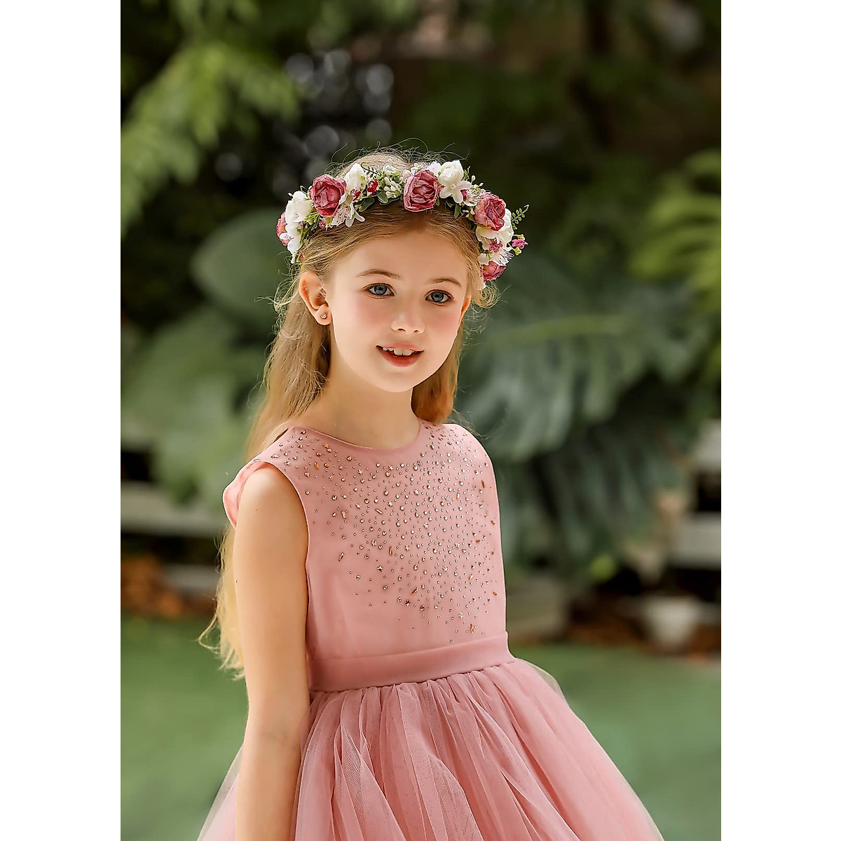 DreamLily Rustic Hippie Rose Crown Wreath Wedding Festival Floral Headpiece Flower Girl Headband DFS24 (Blush)