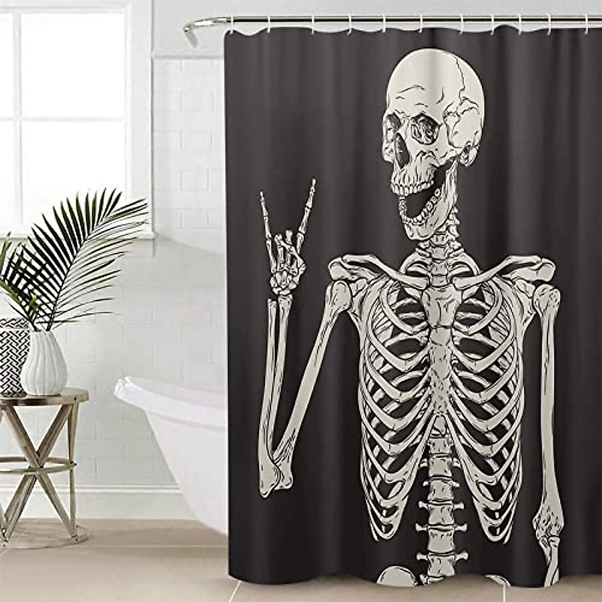 GETTOGET Rock and Roll Skull Skeleton Bone Love Music Shower Curtain Polyester Waterproof, Sugar Candy Skull Day of Dead On Black Backdrop Bath Room Shower Curtain with 12 Hooks