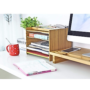 SONGMICS Bamboo File Organizer Paper Sorter with 5 Adjustable Shelves Top Storage Compartments Natural UOFS44Y