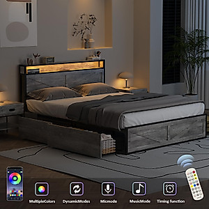 Halitaa LED Queen Size Bed Frame with Charging Station & 4 Drawers, Platform Metal Bed Frame with Headboard USB Ports Outlets, Farmhouse Bed Frame with LED Lights, Noise Free, Wash Grey (Queen)