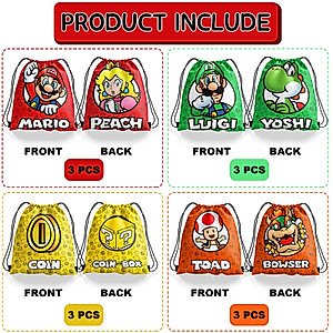 YOPENMOUNE 12 Pieces Mario Candy Drawstring Bag Drawstring Goodie Favor Bags for Boys and Girls Cartoon Birthday Party Decorations