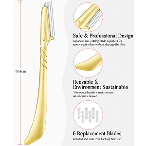 ennva Eyebrow Razor for Women - Eyebrow Trimmer Dermaplaning Tool- Ergonomic Eyebrow Shaper and Facial Razor for Peach Fuzz-Exfoliating Face Razor for Eyebrows-Eye Brow Shaver Razors w/ 7 Blades- Gold