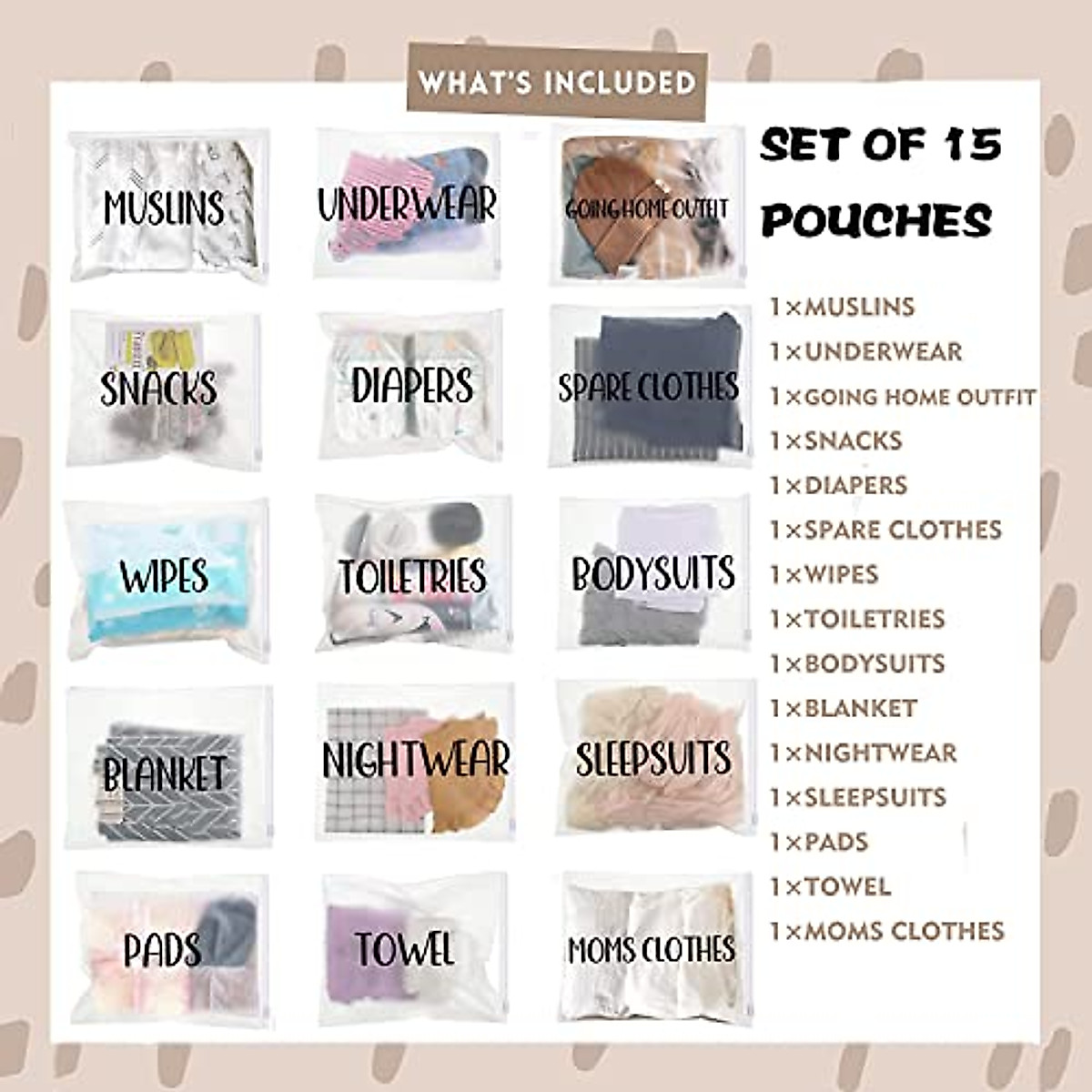 15 Pack Hospital Bags for Labor and Delivery,11 x 14 Inch Maternity Hospital Bag Essentials for Mommy Dad Newborn Baby,Diaper Bag Organizing Pouches Resealable Frosted Pre Packed Bag for First Time New Mom Must Haves