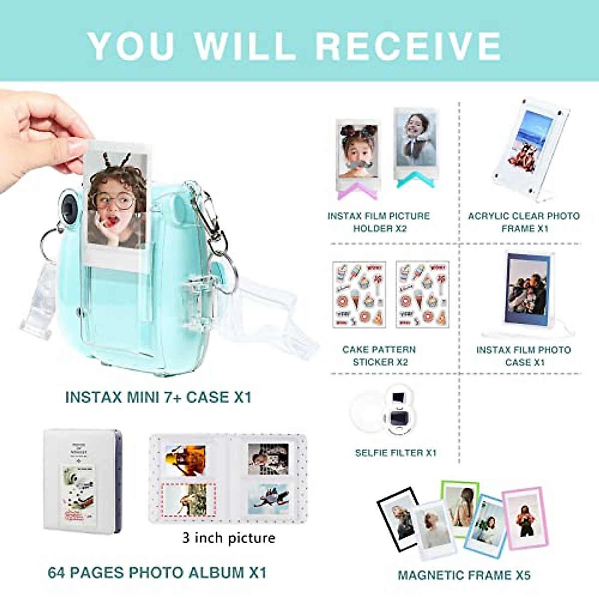 WOGOZAN Accessories for Fujifilm Instax Mini 7+ Plus Instant Camera Bundle kit Includes Mini 7+ Clear Case/Photo Album/Picture Frames/Selfie Mirror/Magnetic Frames/DIY Stickers and Other Accessories
