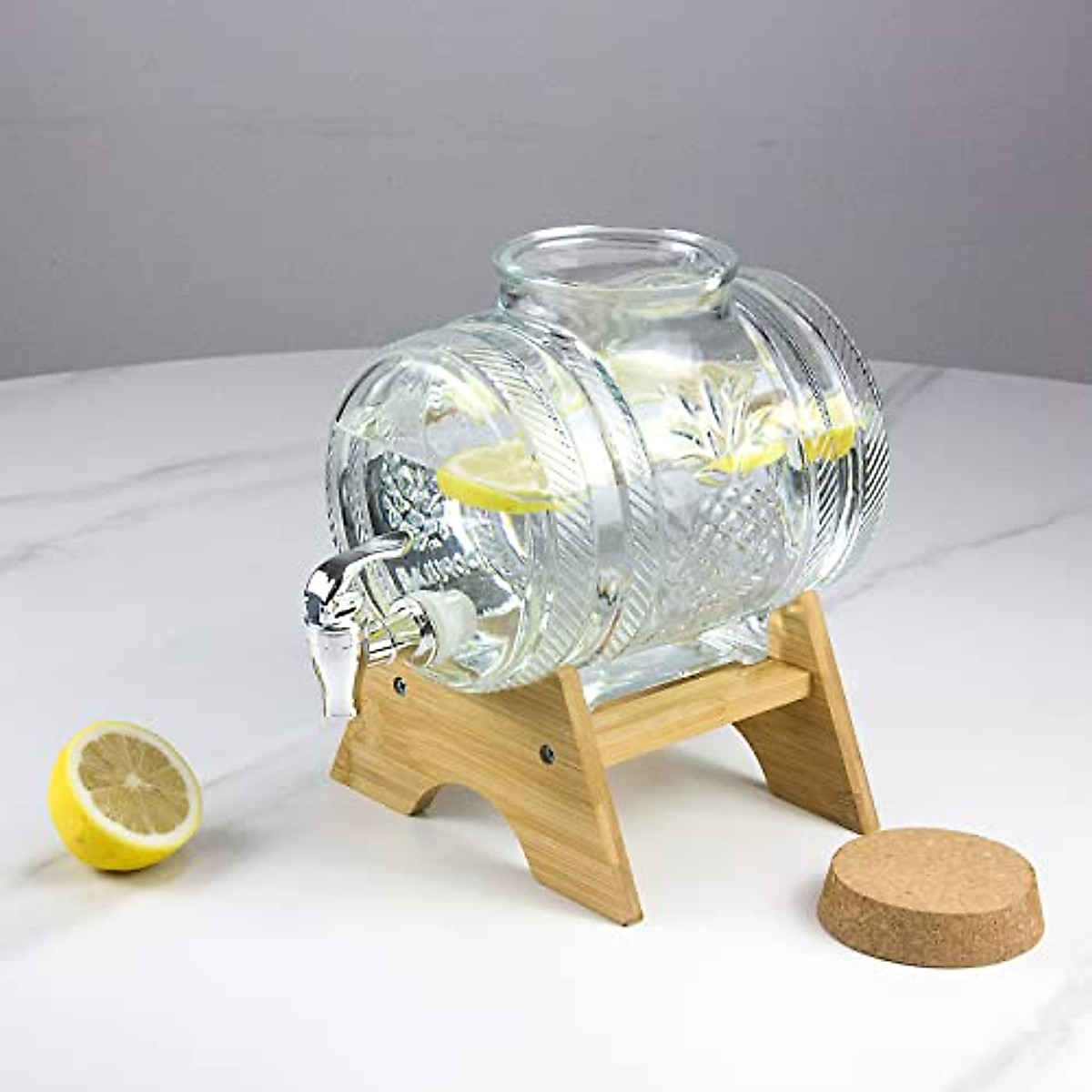 Kcgani 2.7L/0.7Gallon Glass Beverage Dispenser with Leak-proof Spigot, Drink Dispenser Barrel with Sturdy Bamboo Stand, Cold Drink Kettle Container for Fridge, Iced Tea, Lemonade, Bar, Party