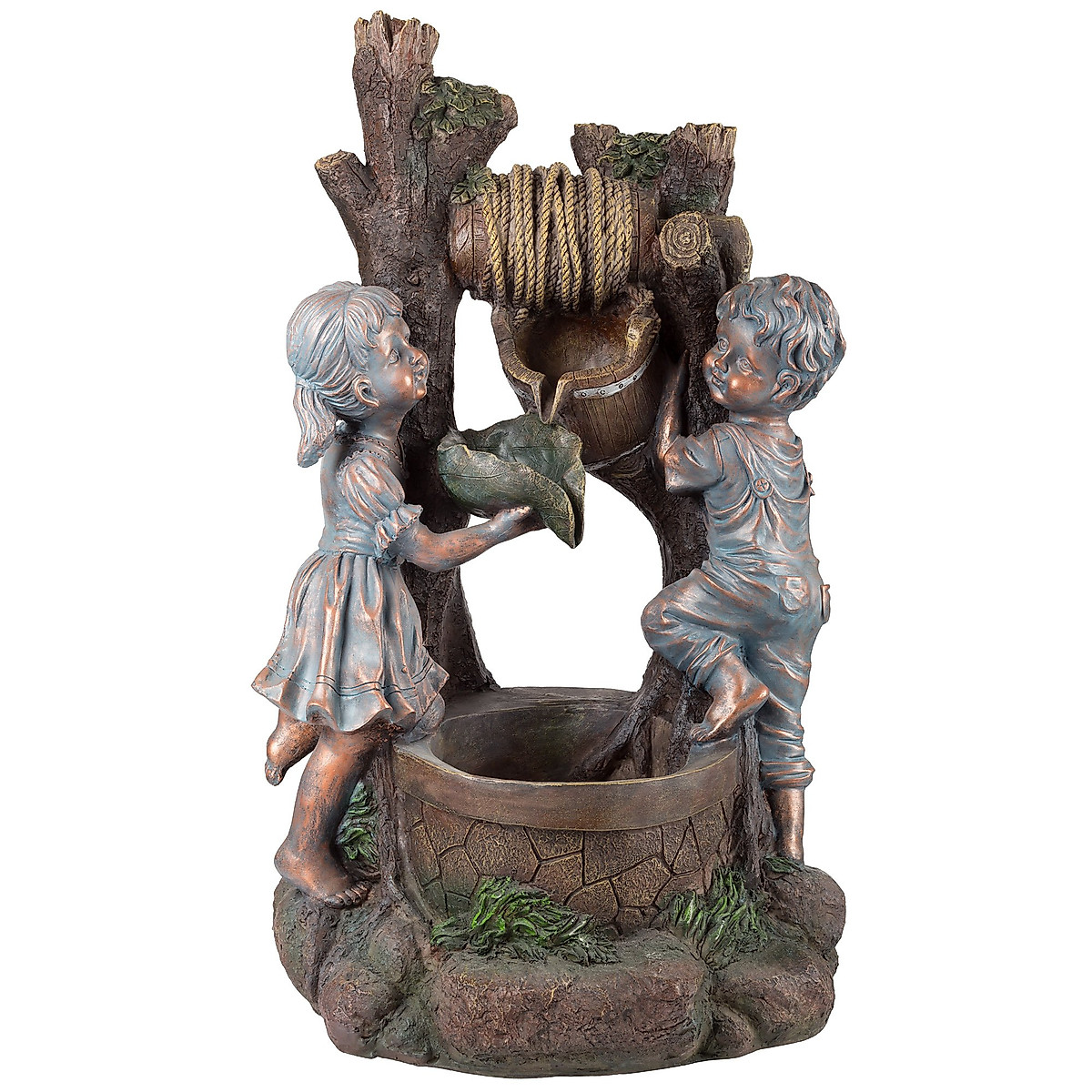 Boy and Girl Outdoor Water Fountain - Cascading Waterfall with Soothing Sounds and 4 LED Lights for Garden or Patio by Pure Garden (Antique Bronze)