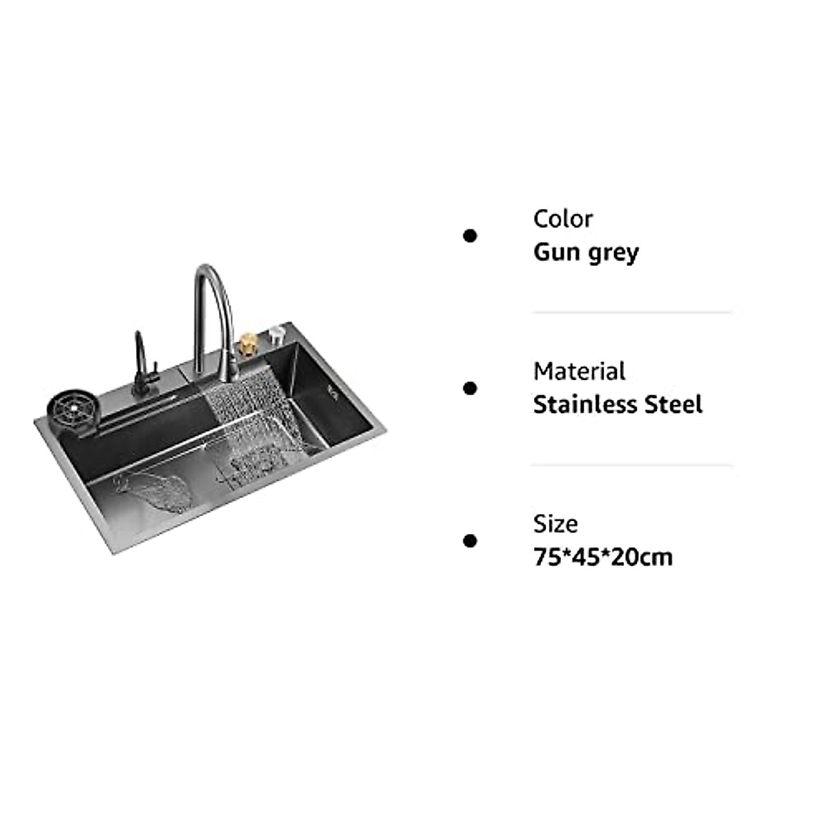Ozetix Kitchen Sink 304 Stainless Steel Nano Raindance Waterfall Sink Home Sink Vegetable Basin Single Sink Workstation Kitchen Sink With Pull-Out Faucet, Pressurized Cup Washer, Gun grey, 75*45*20cm
