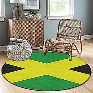 Fashion Round Area Rug Soft Flannel Throw Rugs Non-Slip Floor Carpet Home Decor for Living Room Bedroom Office, Green Yellow Jamaican Flag, 36 Inch Diameter