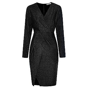 Long Sleeve V Neck Sparkle Wrap Dress Ruched Cocktail Party Dresses Bodycon Midi Sexy Club Dress Black S