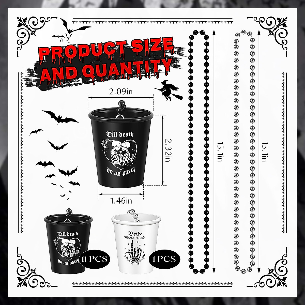 Dandat 12 Pcs Bride or Die Bachelorette Shot Glass Halloween Party Plastic Shot Glass Necklaces Halloween Gothic Skull Bridal Shower Party Favor for Wedding Engagement Party