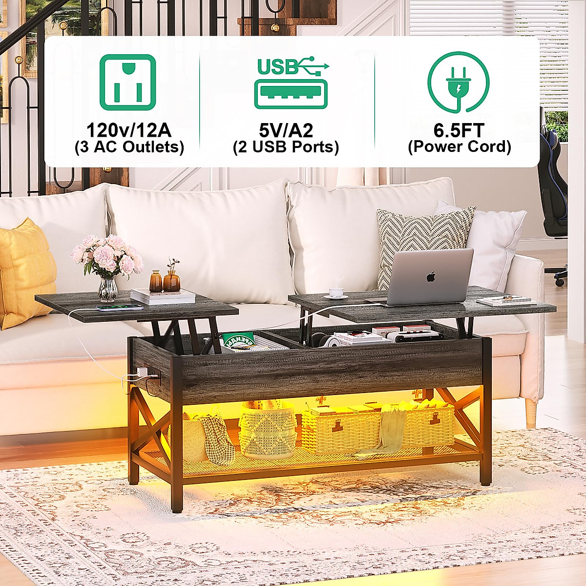 Besiost Coffee Table, Lift Top Coffee Table with Storage, LED Light & Power Outlet and Hidden Compartment, Retro Center Table for Living Room, X Support Wood Tabletop, Metal Frame, Black Oak
