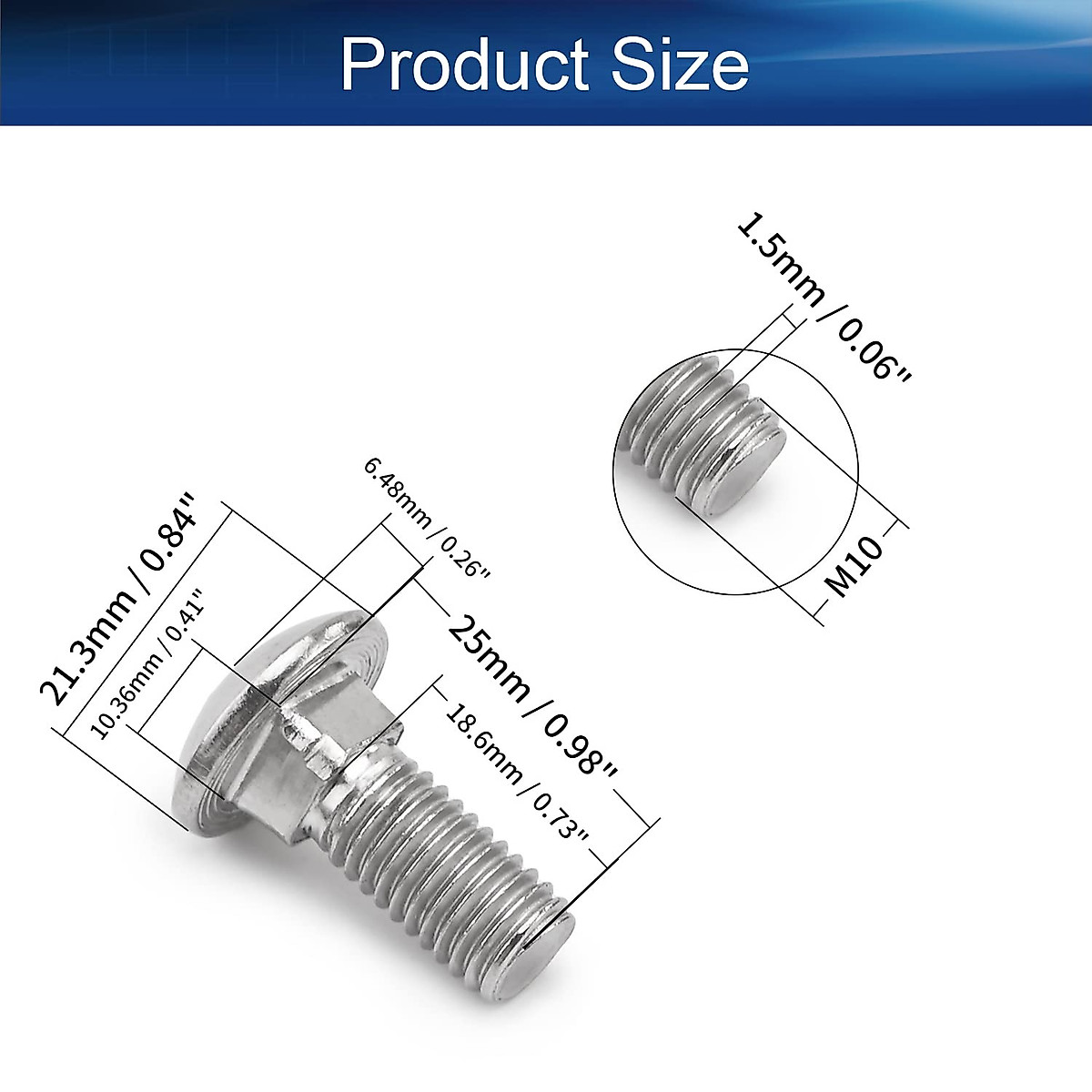 Yinpecly 12Pcs M10×25mm 1.5mm Pitch Length 304 Stainless Steel Round Domed Head Square Neck Carriage Bolts Silver Tone
